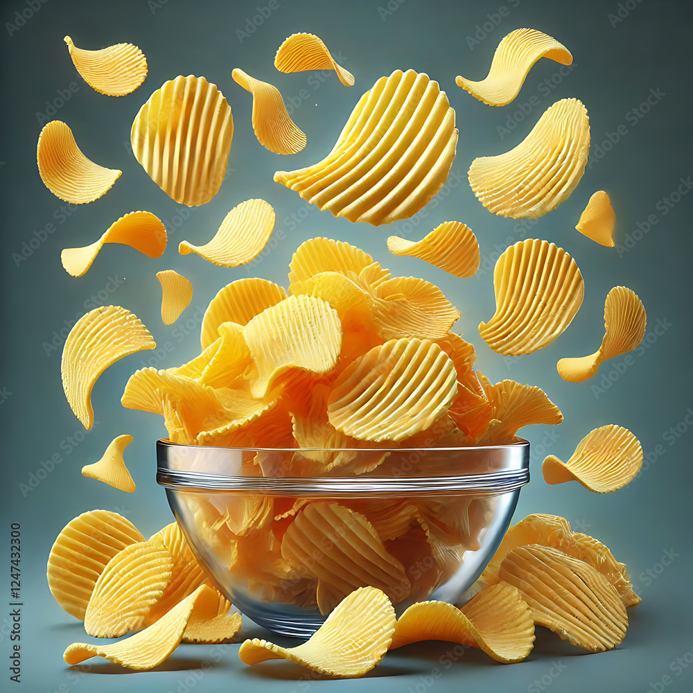 Flying ripple potato chips. Glass bowl and falling chips 3d vector ...