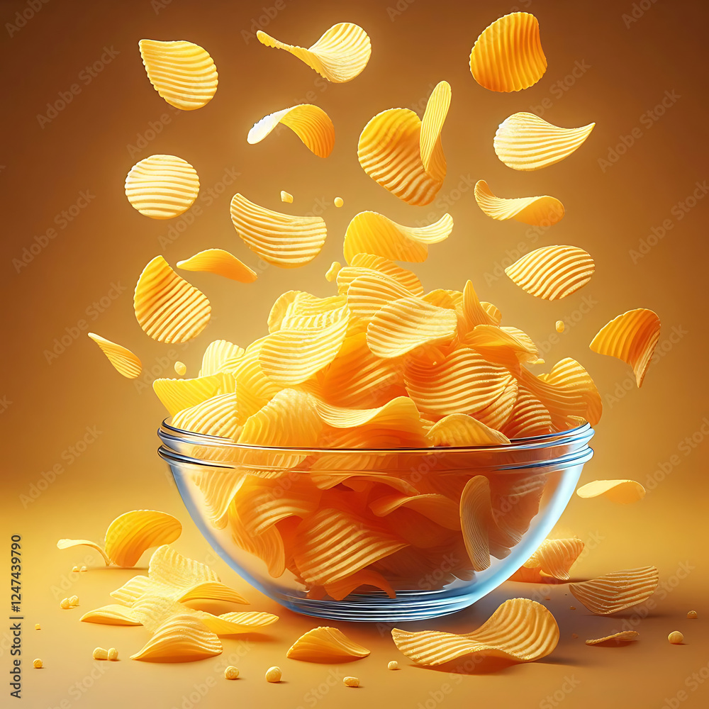 Flying ripple potato chips. Glass bowl and falling chips 3d vector ...