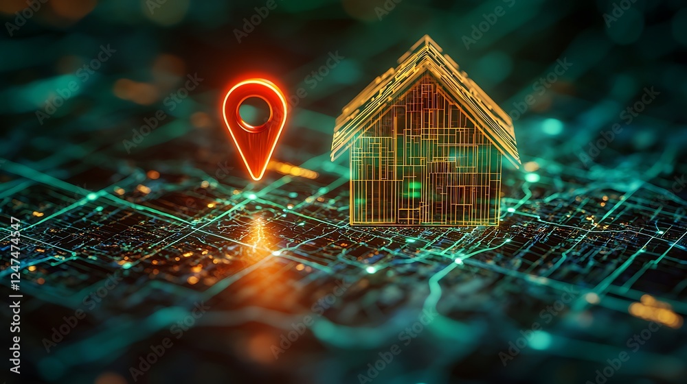Digital house location map, smart home technology, circuit board ...
