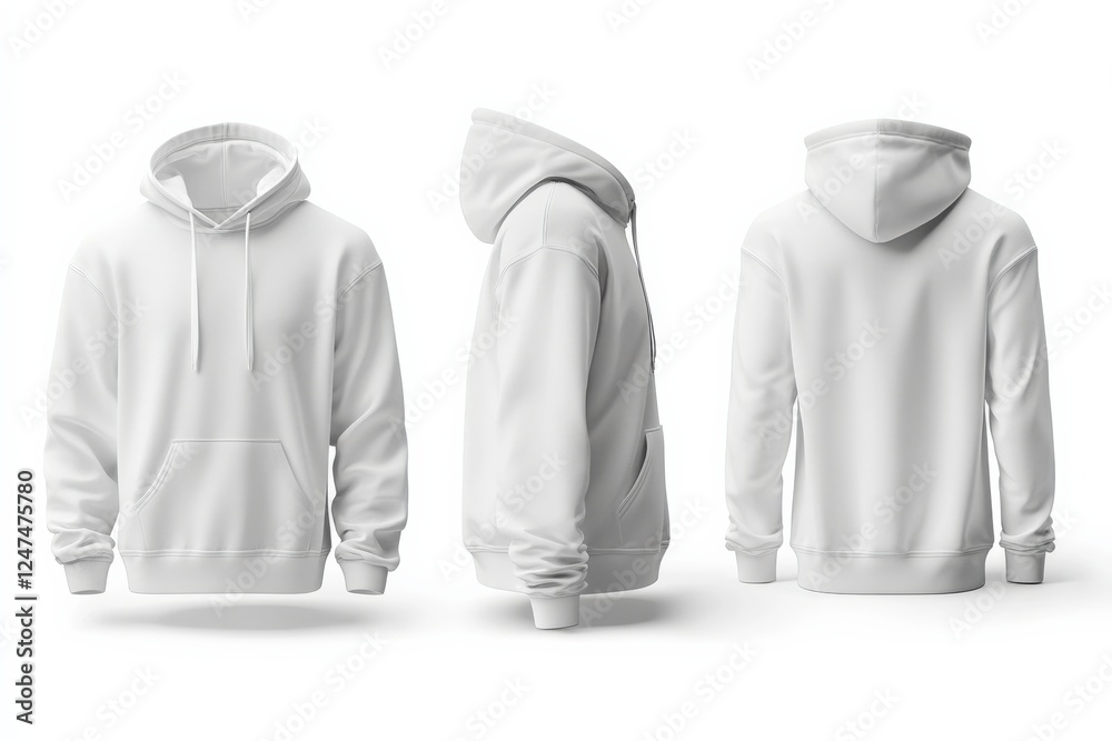 Plain white hoodie mockup displayed in front back and side views ...