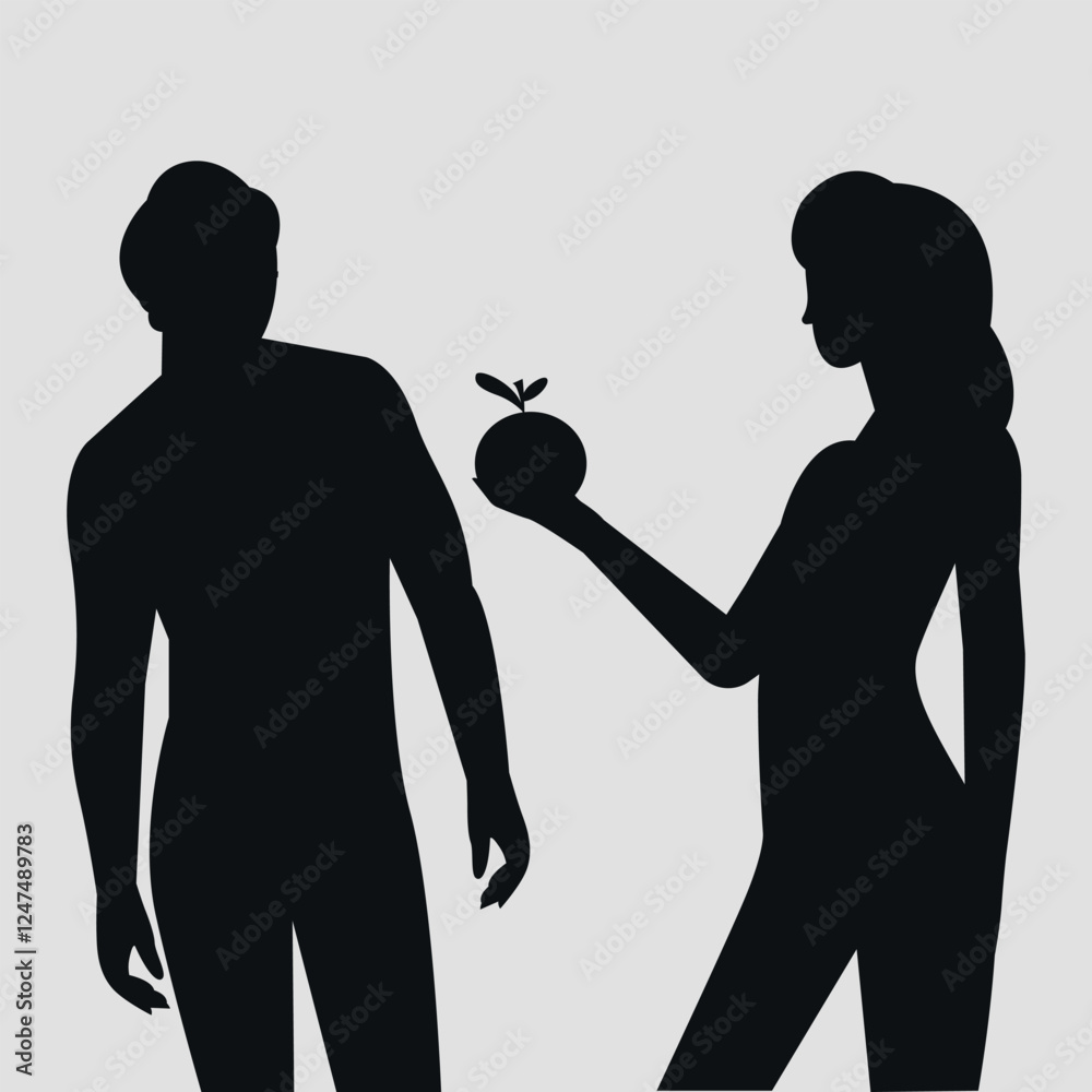 Black silhouette of Adam and Eve, Eve is offering an apple to Adam ...