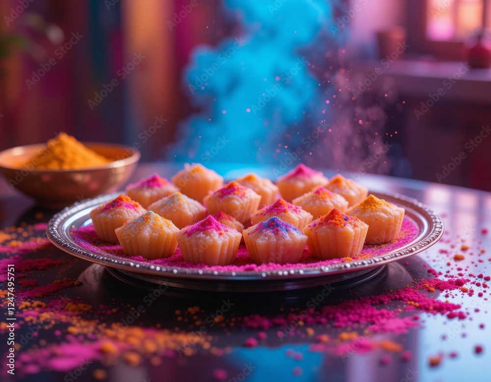 A silver platter filled with traditional Holi sweets like gujiya and ...