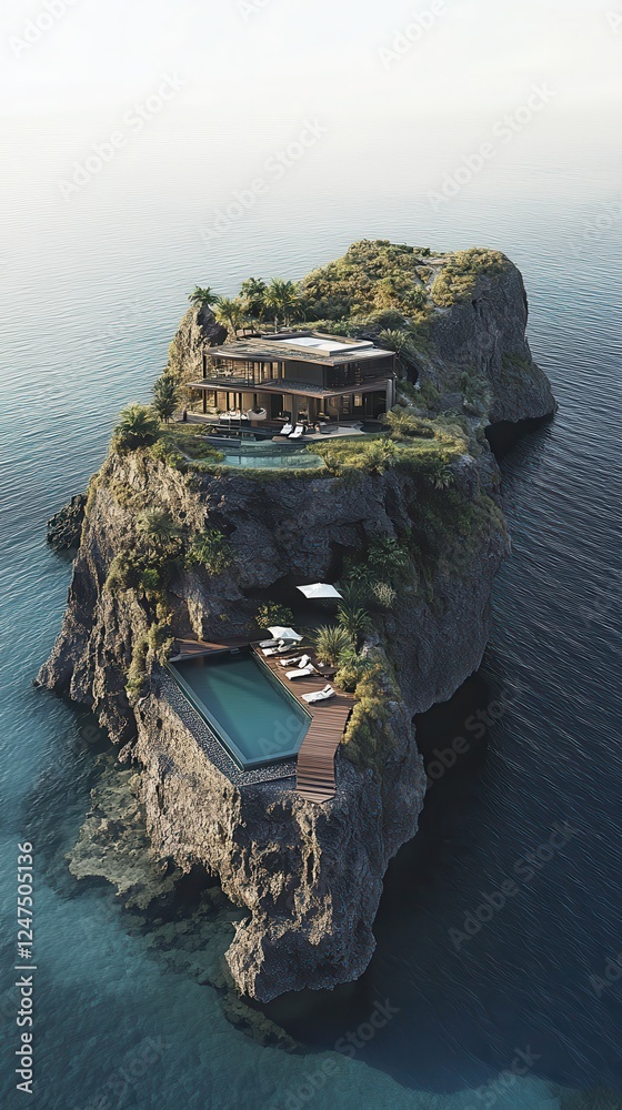 Luxury villa with infinity pool on ocean cliff and phone background Stock Illustration | Adobe Stock