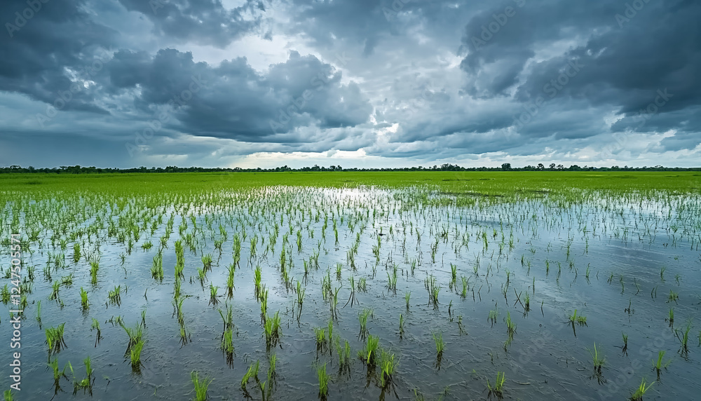 Waterlogged and flooded rice fields with furrows stand in stark ...