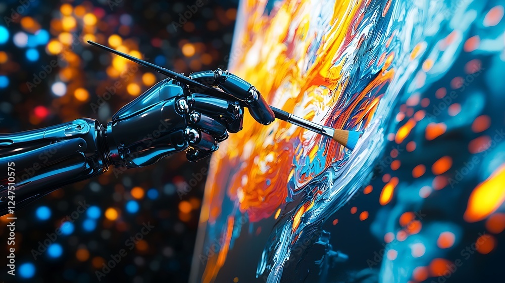A robotic arm painting on a digital screen with ultra-realistic ...