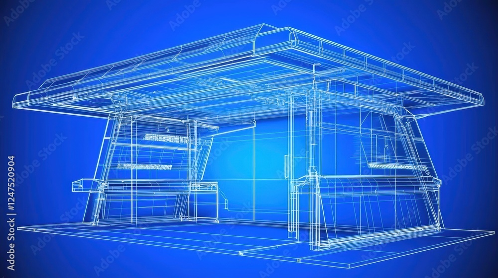 Architectural Blueprint Modern Kiosk Design Wireframe 3D Model ...