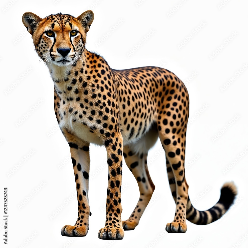 Full body cheetah portrait. Wild feline stands alert against white ...
