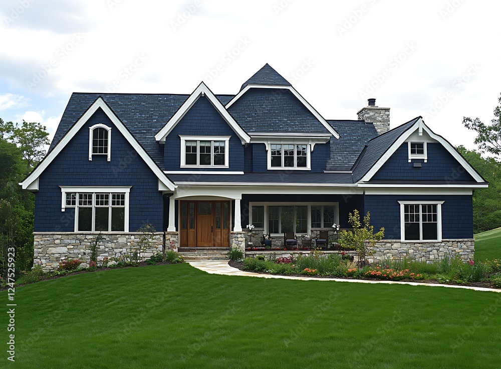 New luxury home exterior with navy blue shingles and stone accents, a ...