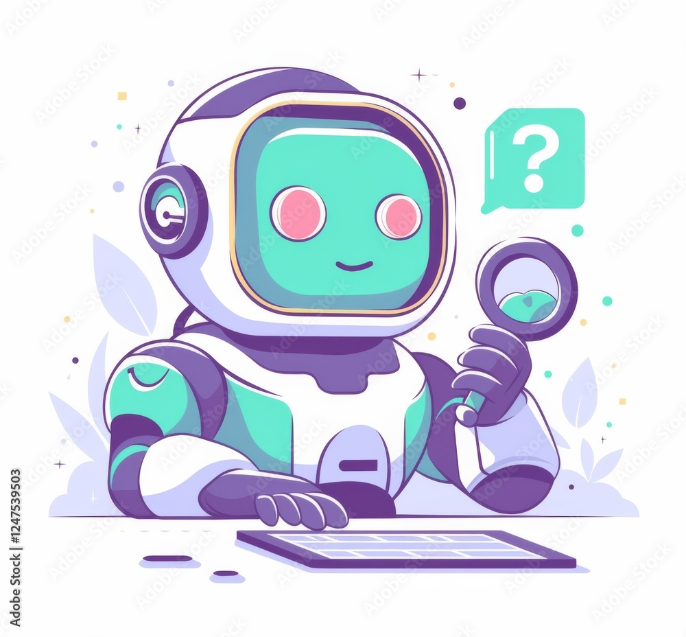 Cute AI chatbot with question marks and magnifying glasses pointing at ...