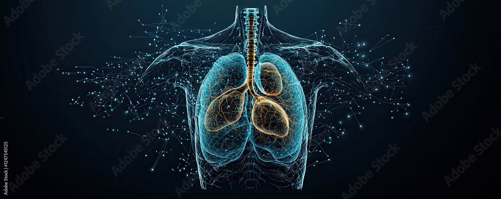 3D representation of human torso with glowing lungs and spine ...