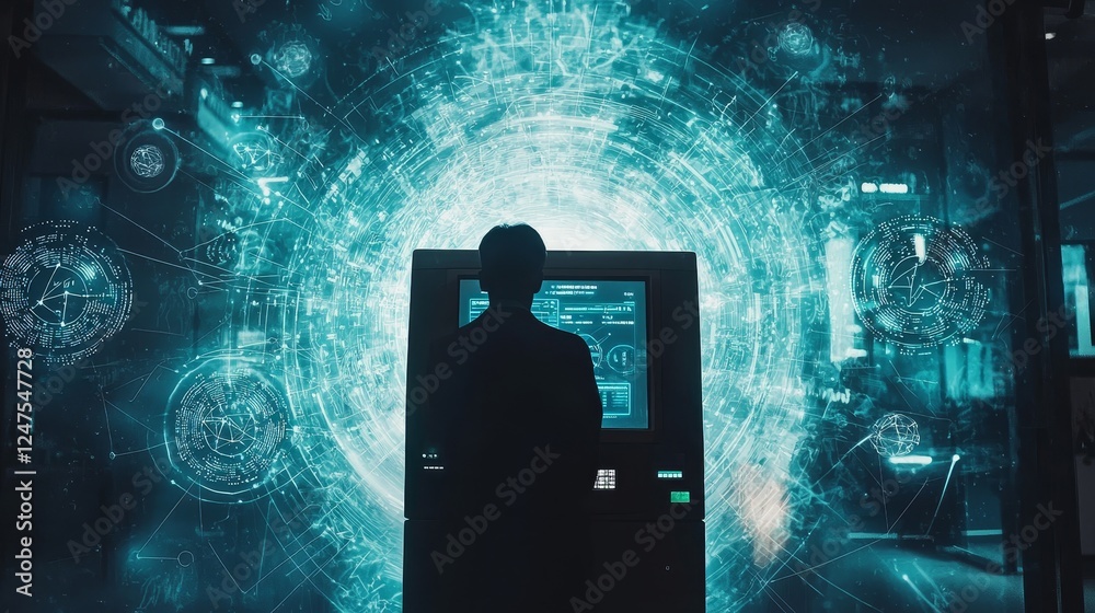 Abstract visual of a person silhouetted against an ATM interface ...