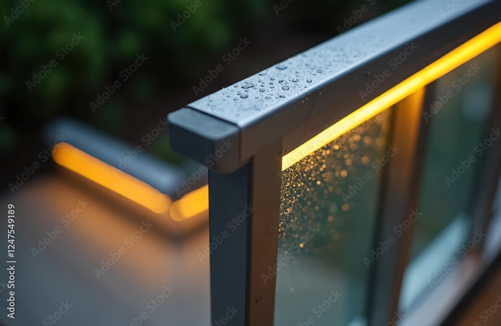 Modern outdoor stair railing with recessed LED strip lighting. Yellow ...