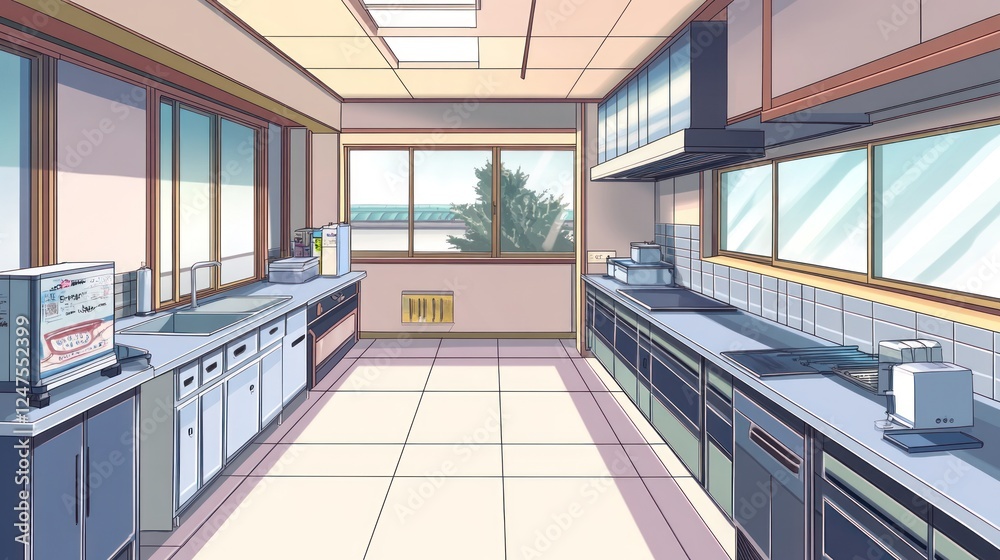Sunny school kitchen interior; cooking, seaside view, anime style ...