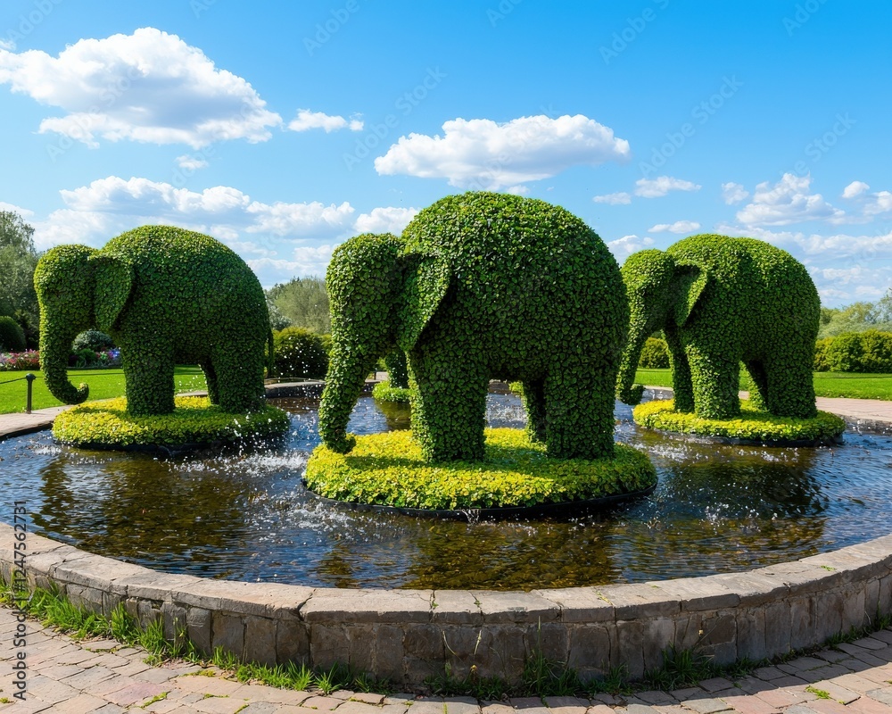 Depict an eco-friendly theme park featuring topiary wildlife exhibits ...