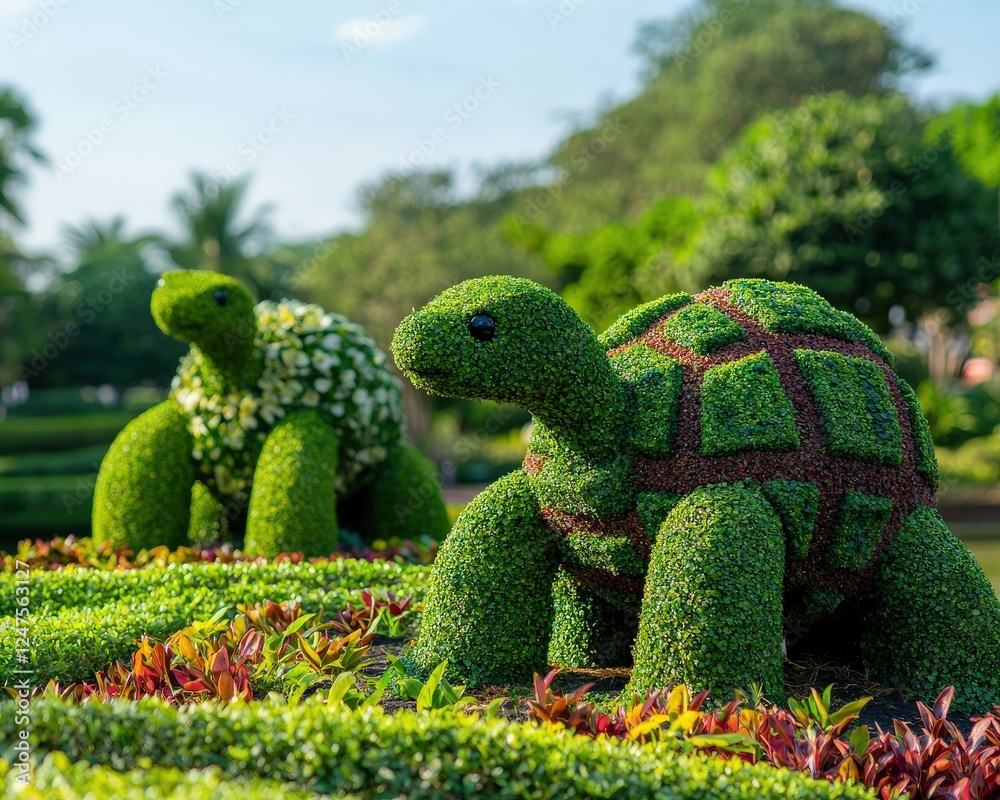 Depict an eco-friendly theme park featuring topiary wildlife exhibits ...