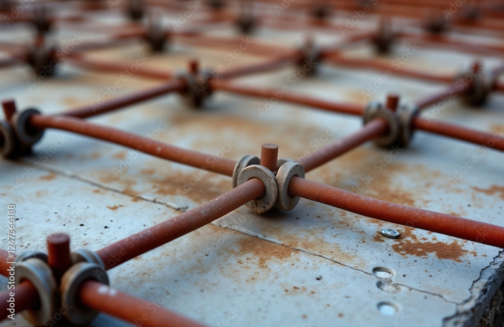Closeup view of rebar grid reinforcement in concrete foundation. Metal ...