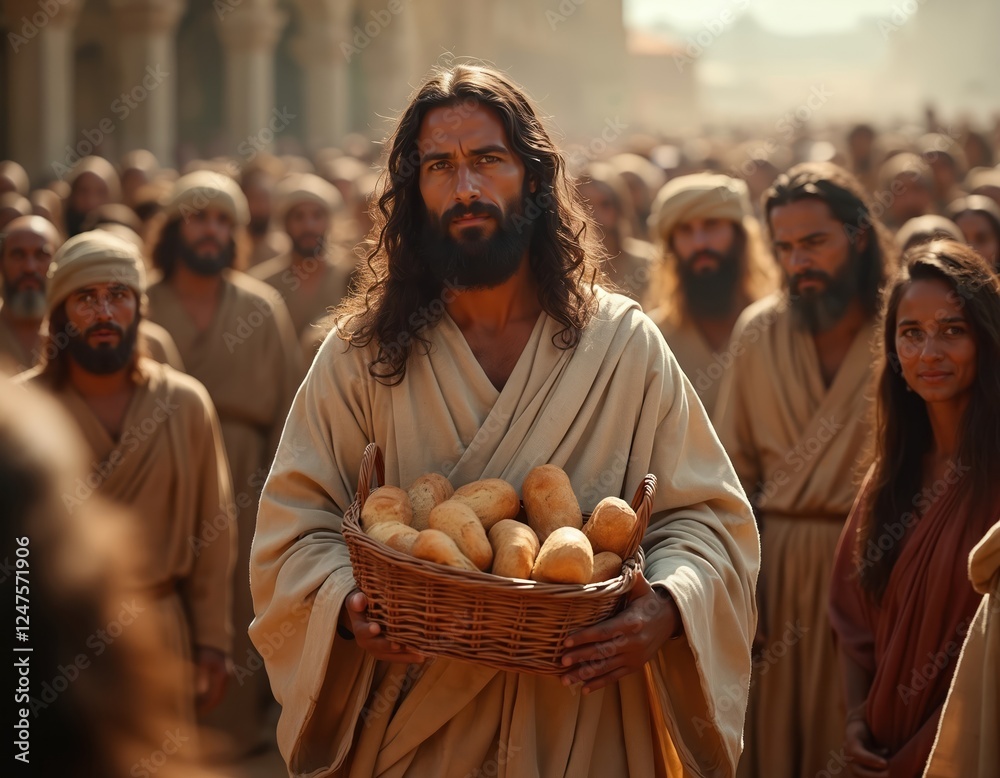 Jesus Christ holds basket of loaves. Large crowd gathers. Religious ...