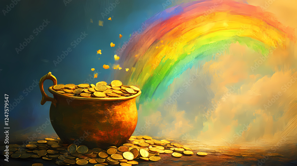 Rainbow painting over a pot of gold coins - reimagining a classic tale ...