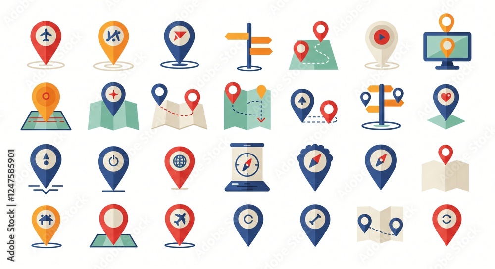 Flat-style location pins and map icons for travel or navigation themes ...