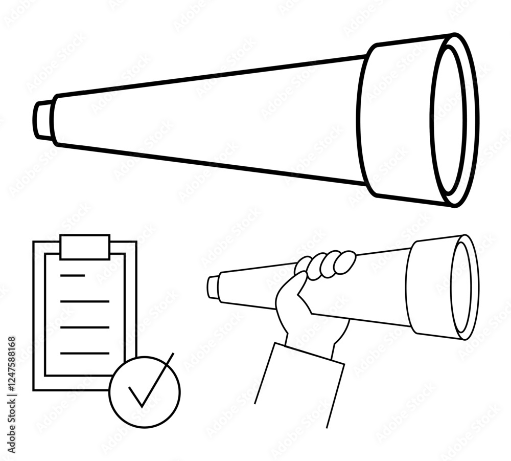 Telescope held by hand, checklist with tick mark, clean line art. Ideal ...