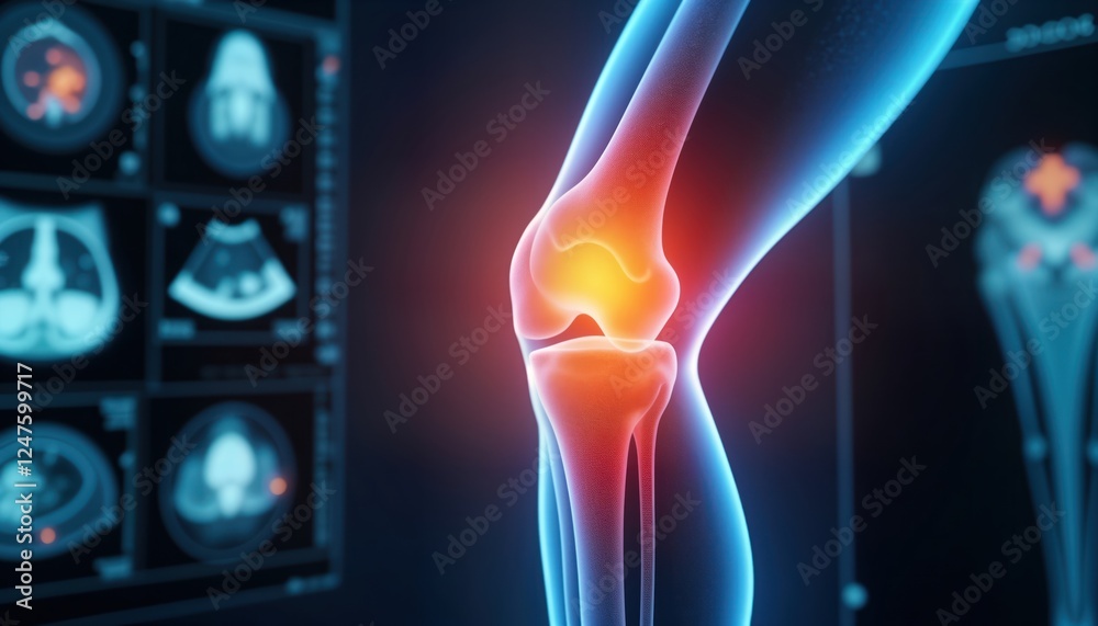 Medical illustration shows knee joint anatomy. Ultrasound, X-ray images ...