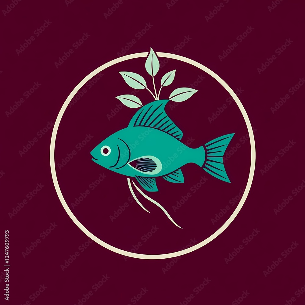 Teal Fish with Botanical Accents: An illustration of a stylized teal ...