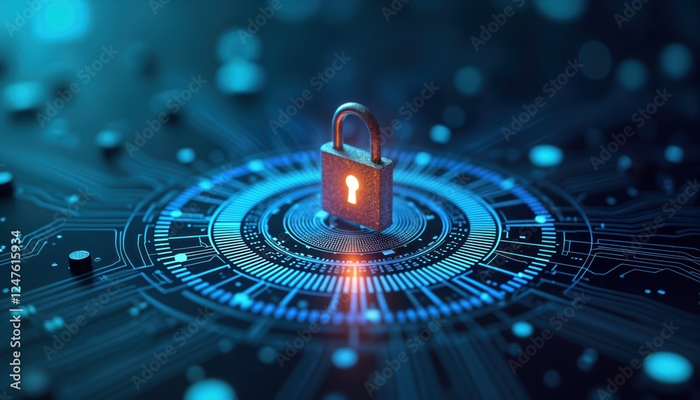 Secure tech system safeguards data. Futuristic circuit board graphic ...