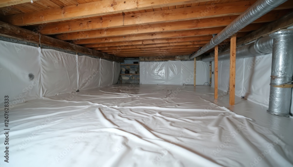 Empty crawl space with thermoregulatory blankets, radon mitigation ...