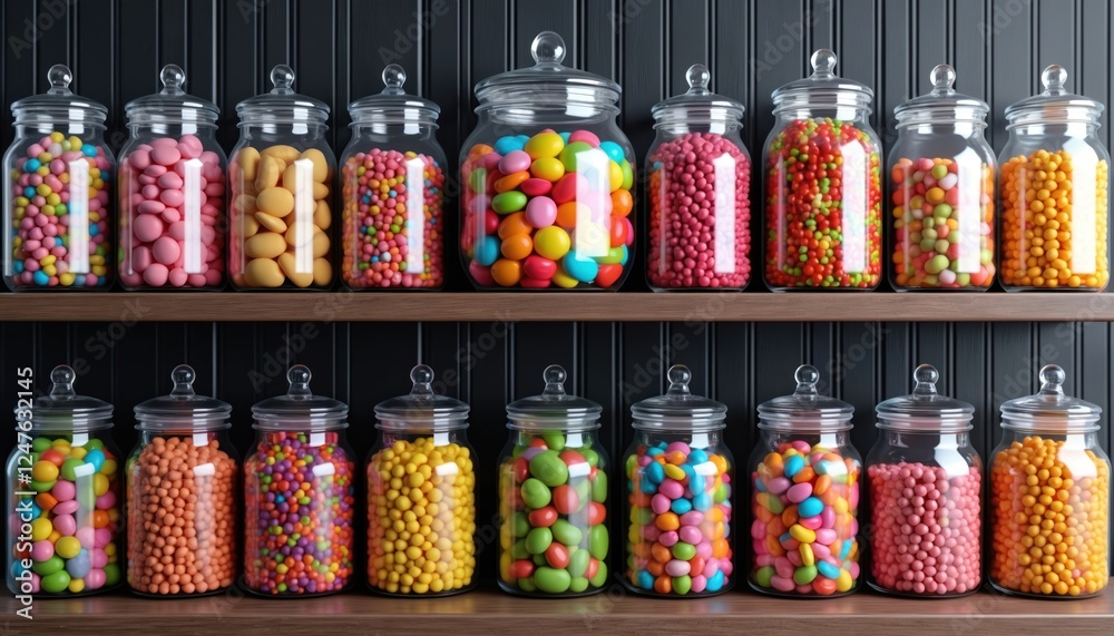 Colorful candies fill glass jars on wooden shelves against dark ...