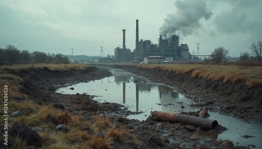 Polluted water flows in ditch near factory emitting smoke. Factory ...