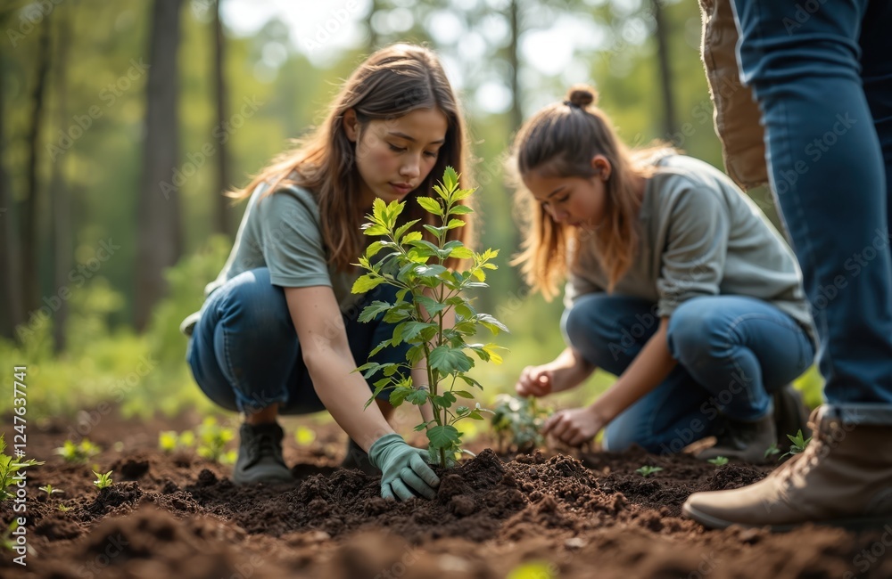 Young people volunteer outdoors for reforestation project. Group ...