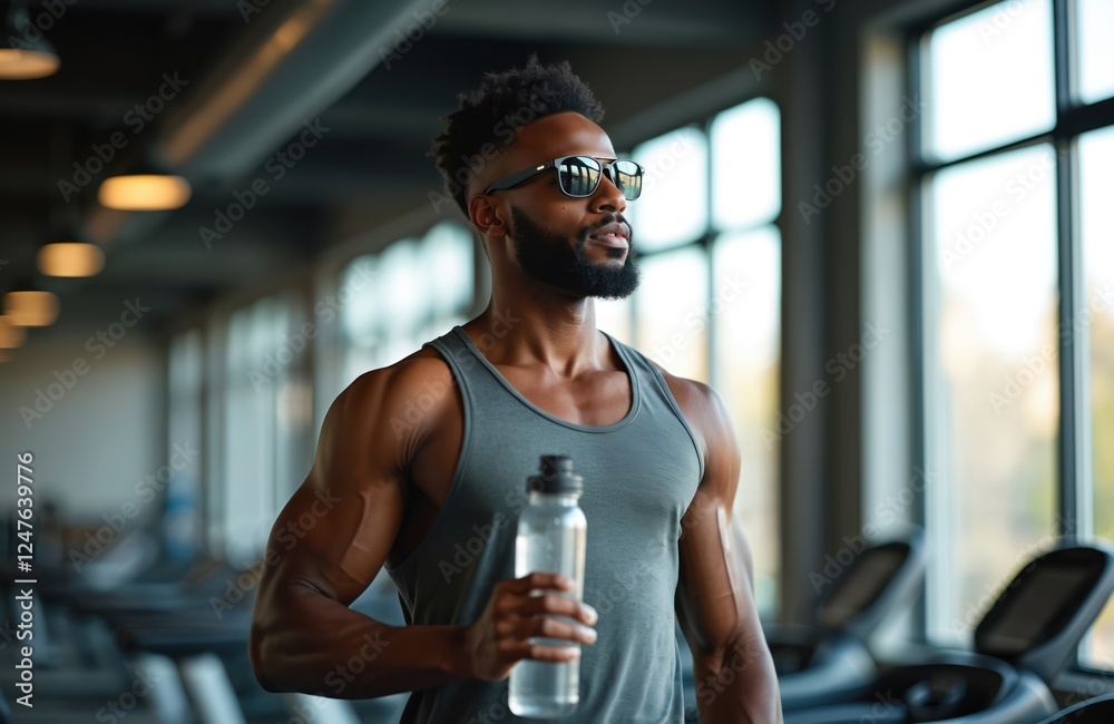 Fit black man exercises in gym. Holds water bottle. Strong body, active ...