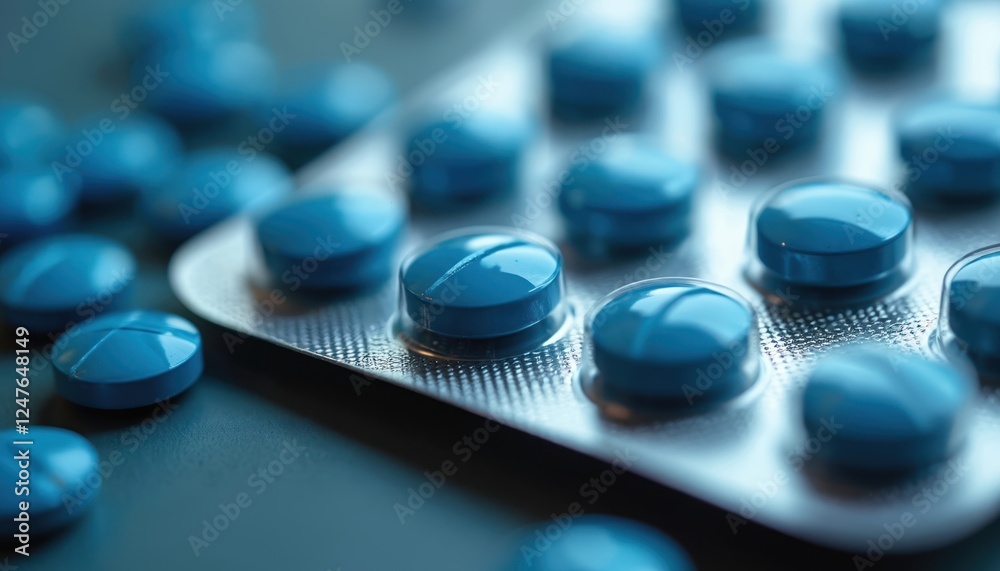Close-up view of round blue pills in silver blister pack. Pills uniform ...