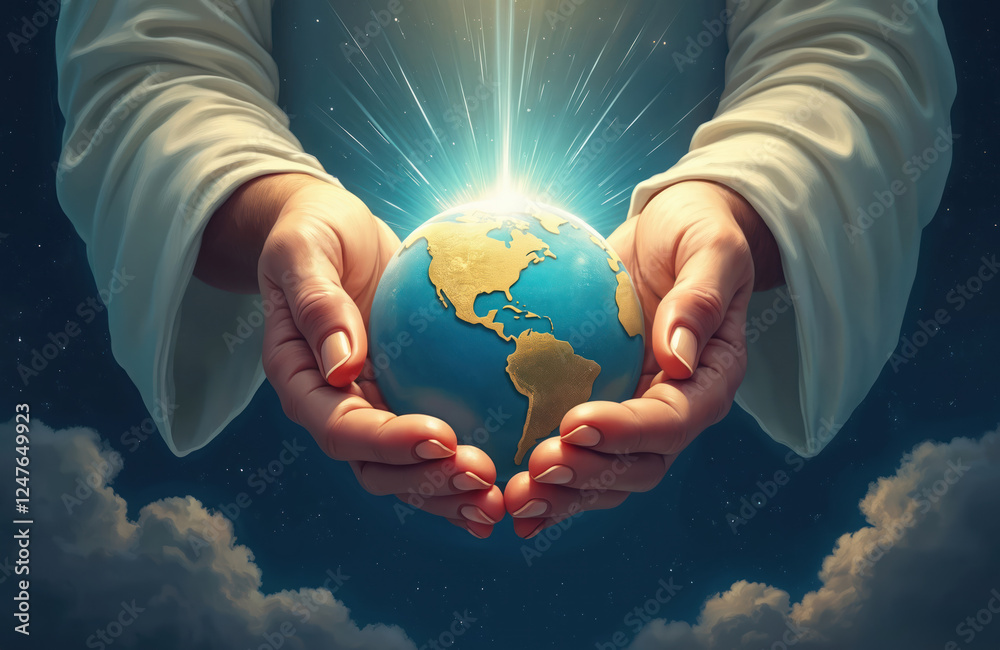 Divine hands hold earth. Omnipotent deity holds world in caring hands ...