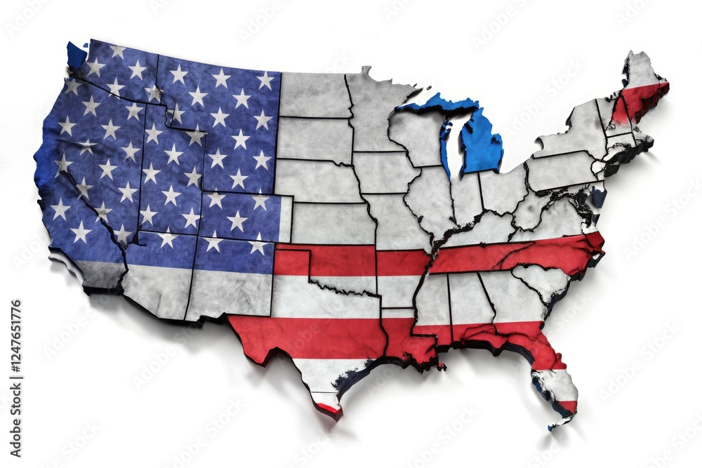 Midwest USA map: aerial perspective featuring state flags, highlighting ...