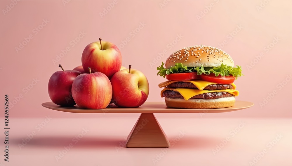 Balanced scale comparing fresh fruits, burger. Healthy eating versus ...