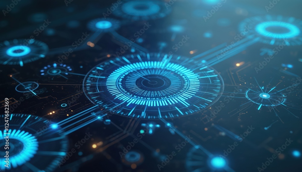 Abstract tech design with glowing blue circular patterns. Modern interface shows data flow ...