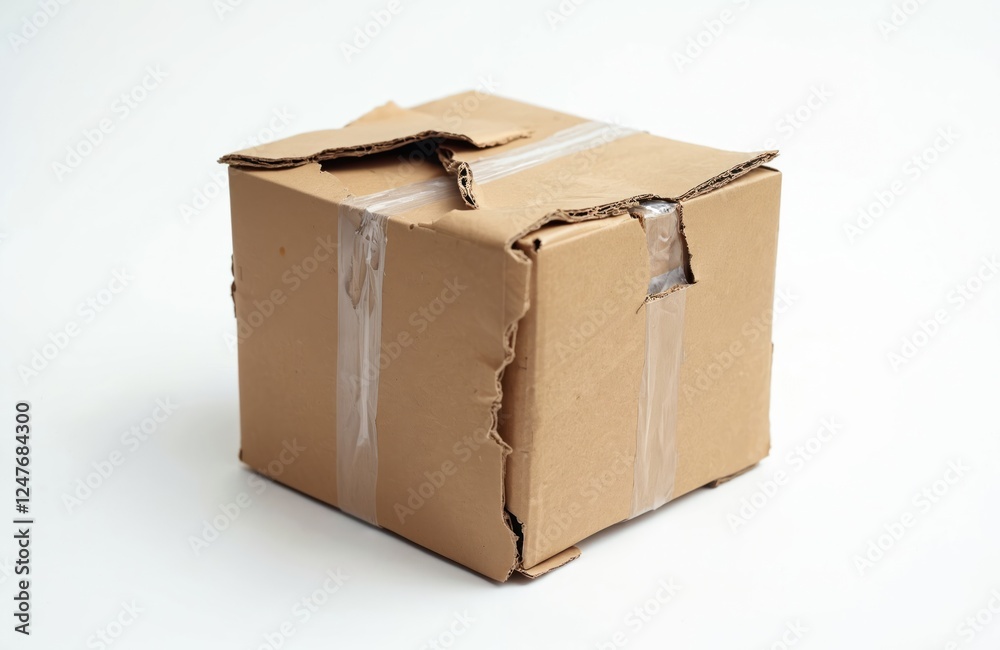 Damaged cardboard box on white background. Box crushed, torn with tape ...