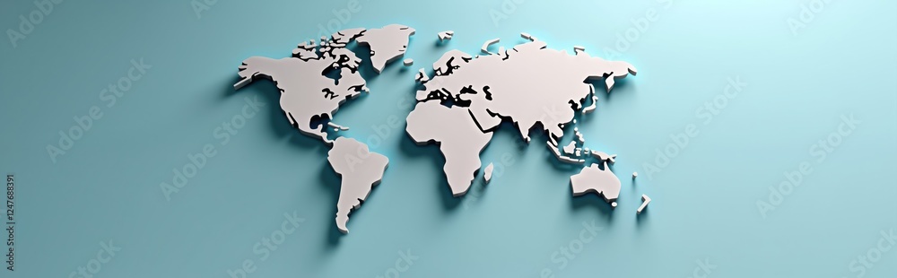 3D world map on a light blue background. Blank space offers design ...