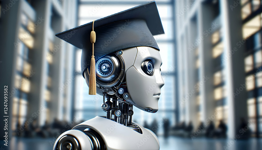 AI Robot A side profile of a robot wearing a graduation cap with a ...