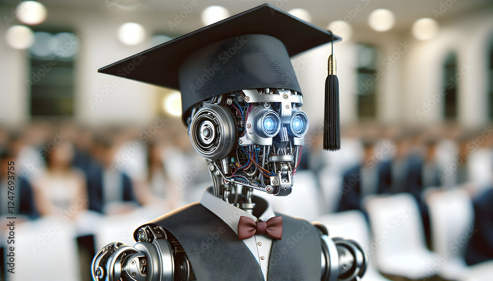 AI Robot A high-resolution image of a robot wearing a graduation cap ...