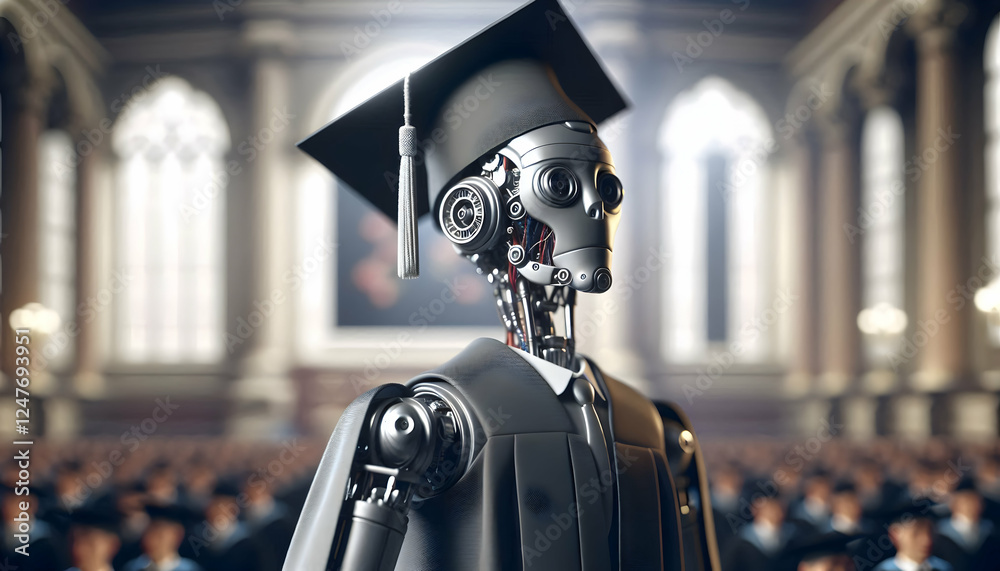 AI Robot A dramatic shot of the robot standing in a proud pose, wearing ...