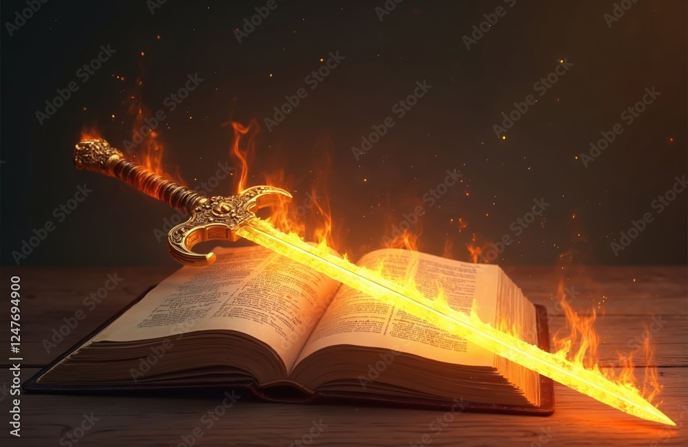 Flaming sword lays across open holy bible. Powerful image. Spiritual ...