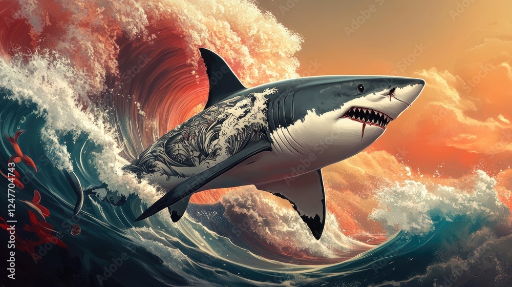 Great white shark with intricate tattoo-like markings leaping from a ...