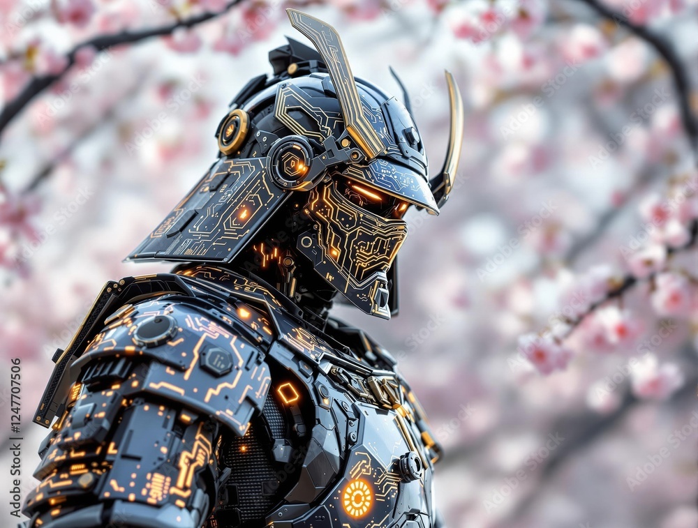 Futuristic cyber samurai with cherry blossom background: fusion of ...