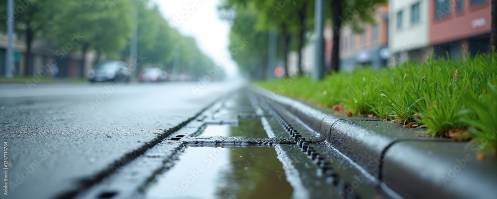 Urban street drainage inlets on rainy day. Efficient rainwater ...