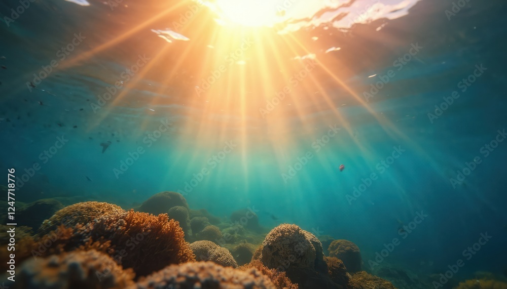 Sunlight pierces ocean depths creating dazzling underwater scene. Coral ...