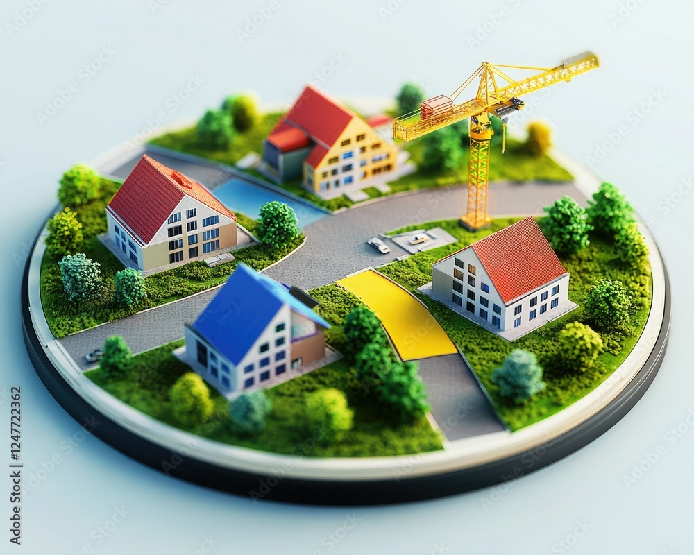 Colorful miniature model of houses with a construction crane ...