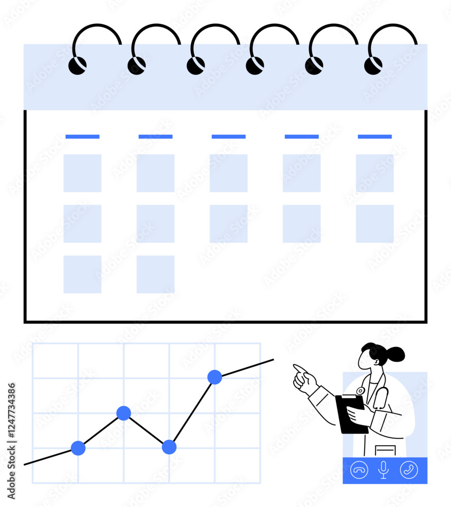 Spiral calendar with highlighted dates, upward trendline graph, and a ...