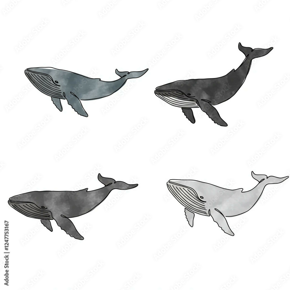 Whales cartoon. Set of cartoon whales, isolated illustrations on white ...